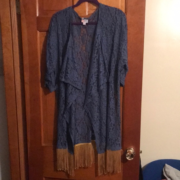 LuLaRoe | Other | Blue Lace Monroe Kimono With Gold Fringe Detail ...